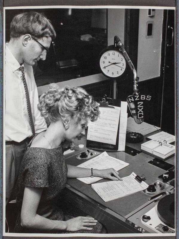 Eileen Cook and unidentified man in Radio 2ZG studio - Tairawhiti Museum