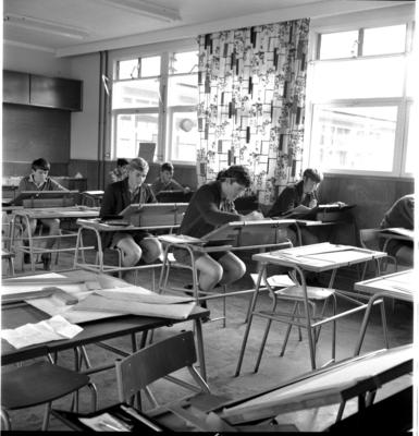 Waikohu College technical drawing class. 7 boys at drawing desks ...