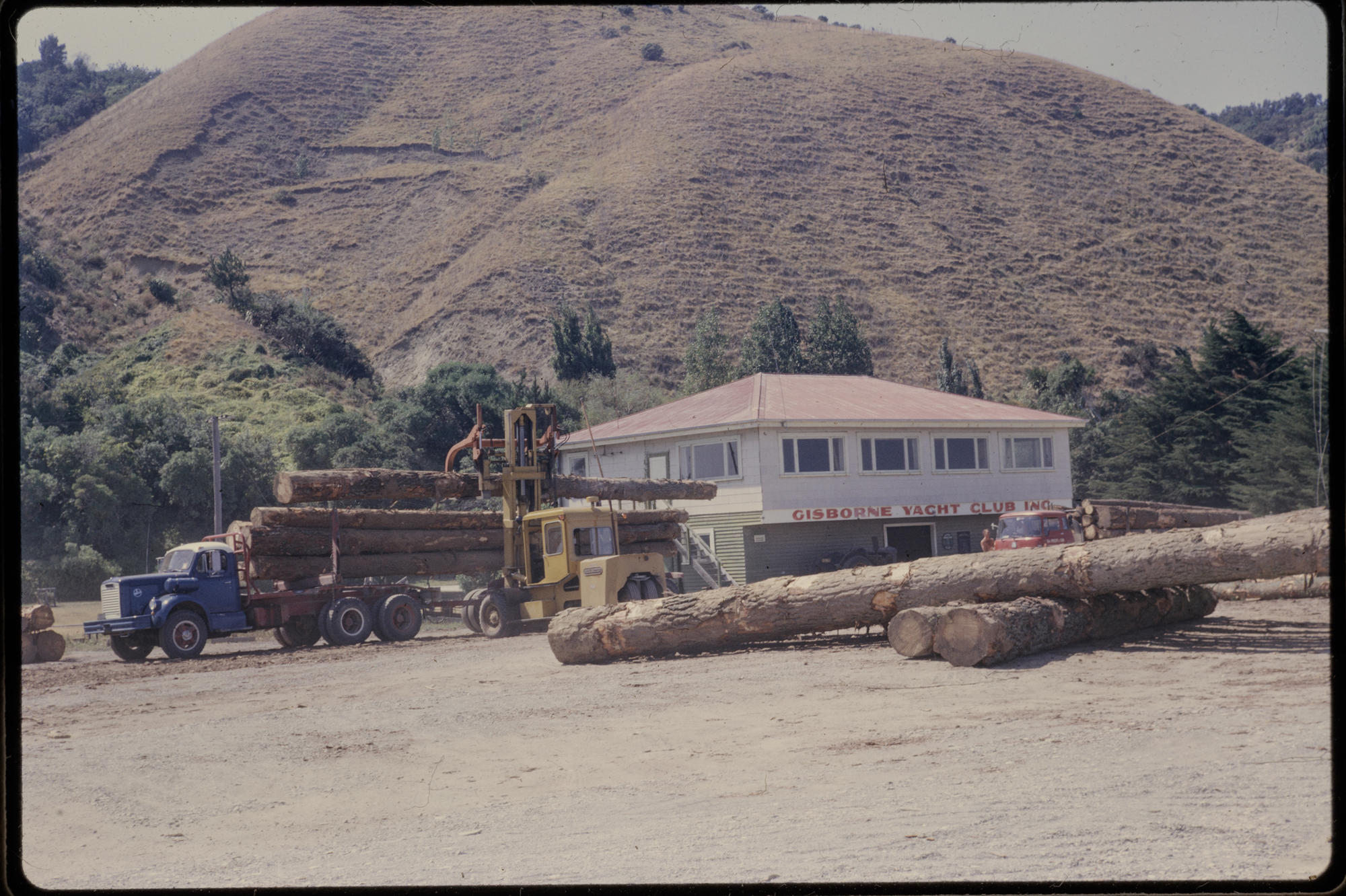 Loading logs at wharf in front of Gisborne Yacht Club - Tairawhiti Museum