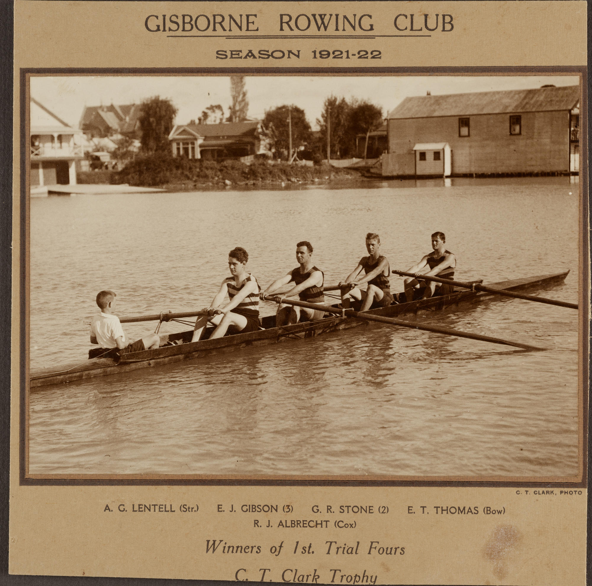 Gisborne Rowing Club Winners of First Trial Fours. C.T. Clark Trophy ...