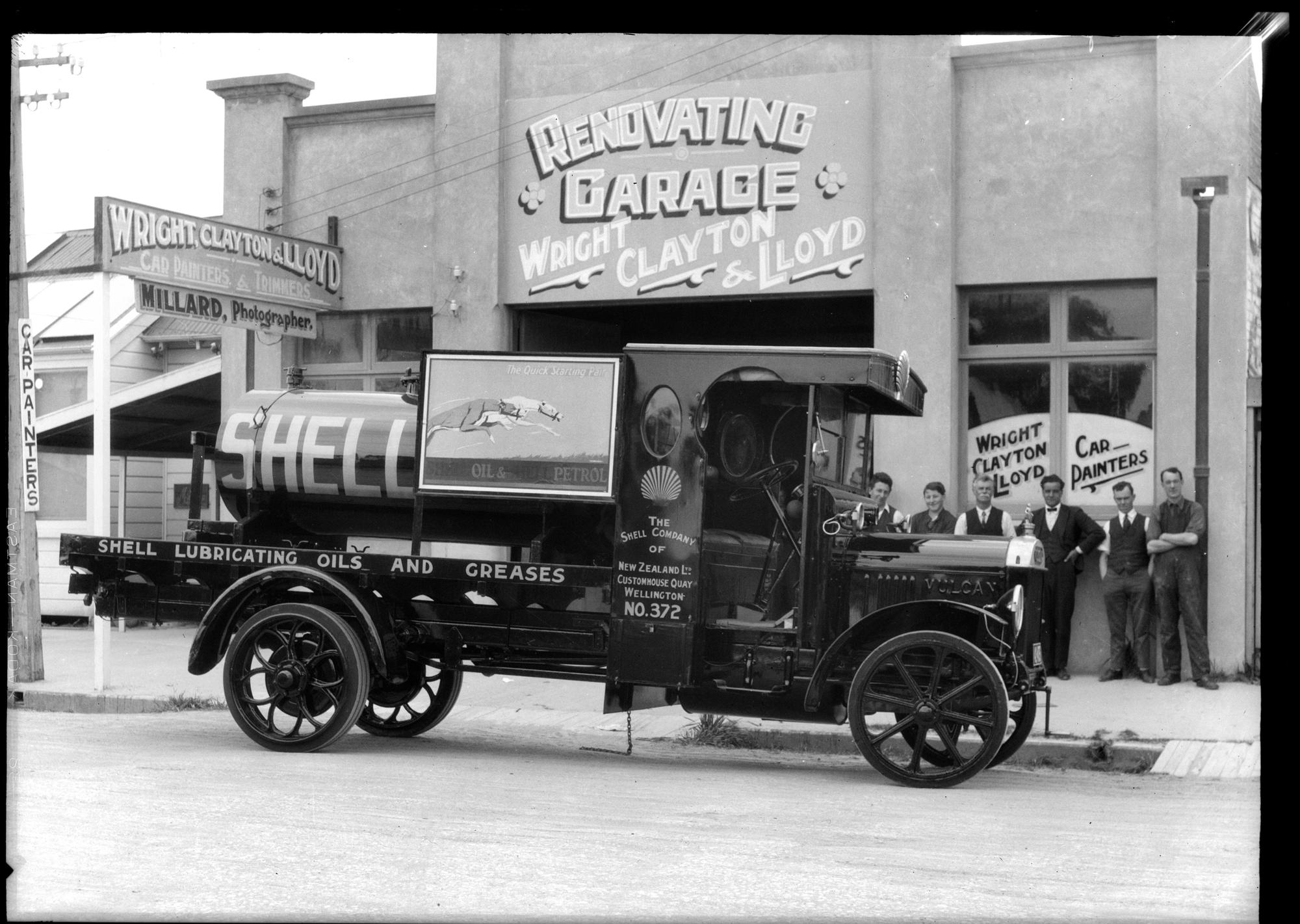 Shell oil truck: Wright, Clayton & Lloyd garage - Tairawhiti Museum